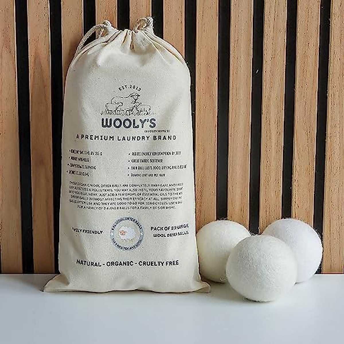 Wooly's Wool Dryer Balls, 8-PACK XL Sized Premium, Natural Fabric Softener, Replaces Dryer Sheets, Reduce Wrinkles & Static Cling, 30% Less Drying Time, Less Energy, Baby-safe. Balls for Laundry Dryer