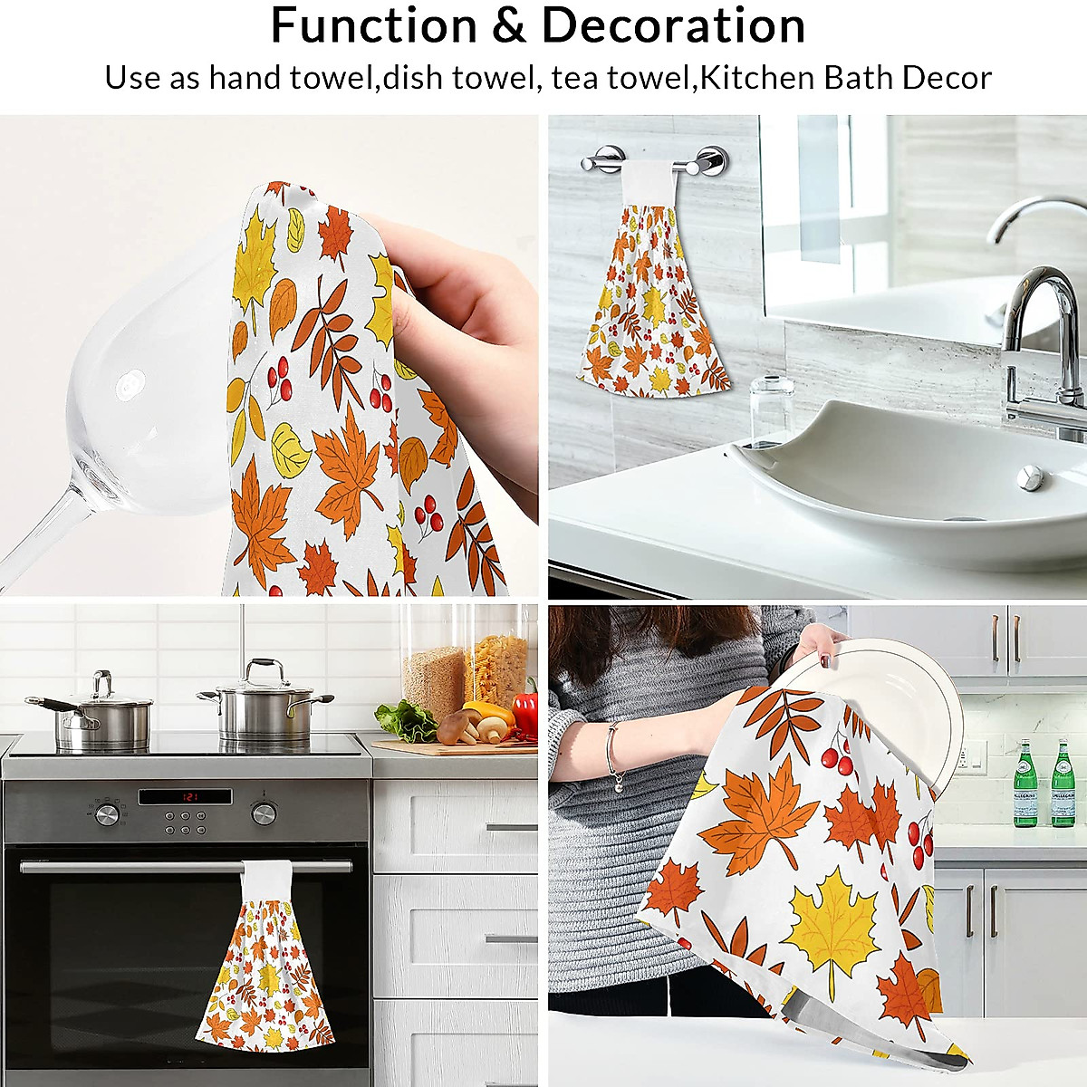 Autumn Maple Leaves Hanging Kitchen Towel Berry Fall Leaf Hand Tie Towels Set 2 Pcs Tea Bar Dish Cloths Dry Towel Soft Absorbent Durable for Bathroom Laundry Room Decor