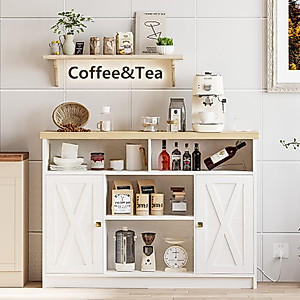 IRONCK Coffee Bar Cabinet with Power Strip, 47" Storage Cabinet with Barn Doors and Thickened Top Board, White Sideboard, Buffet for Dinning Room, Kitchen, Living Room