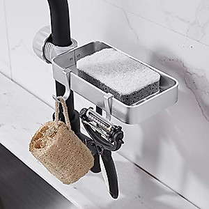 Kitchen Washing Sponge Storage Rack Shower Caddy Soap Dish Holder with Hooks Faucet Shower Rod Assembled,Bright Silver