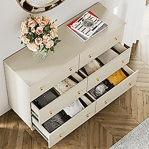 WAMPAT Dresser with 6 Drawers for Bedroom, Wooden Kids Dressers with Wide Chest of Drawers, Beige Modern Closet Storage Organizer Furniture with Solid Wood Legs for Living Room, Hallway, Nursery