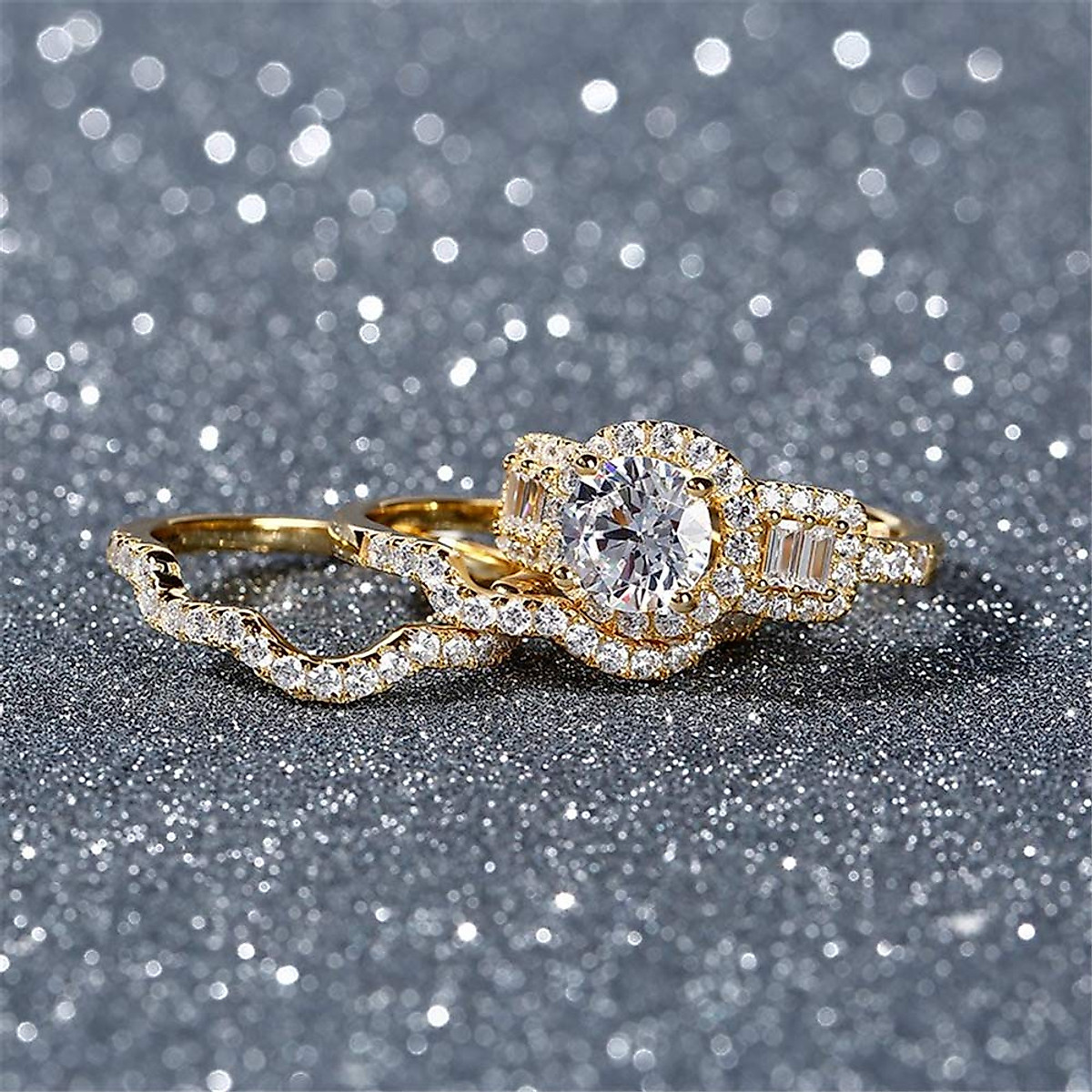 Jeulia 2 Carat Engagement Halo Rings for Women Sterling Silver Round Cut Bridal Set Cubic Zirconia Wedding Diamond Band Rings Promise Anniversary Rings for Her (Yellow gold, 10.5)