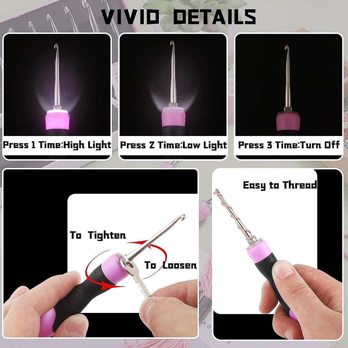 Lighted Crochet Hooks Set USB Rechargeable Crochet Hook with Light Metal 2 mm to 8 mm 12 Size Interchangeable Heads Light Large Eye Blunt Needle with Case for DIY Craft Supplies Beginner Yarn Knitting