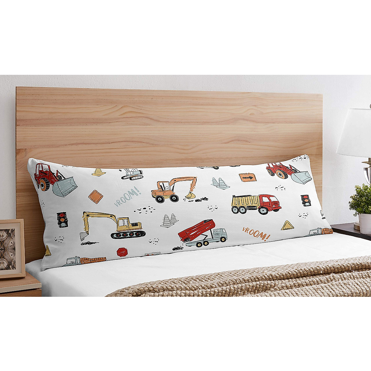 Sweet Jojo Designs Construction Truck Body Pillow Case Cover (Pillow Not Included) - Grey Yellow Orange Red and Blue Transportation