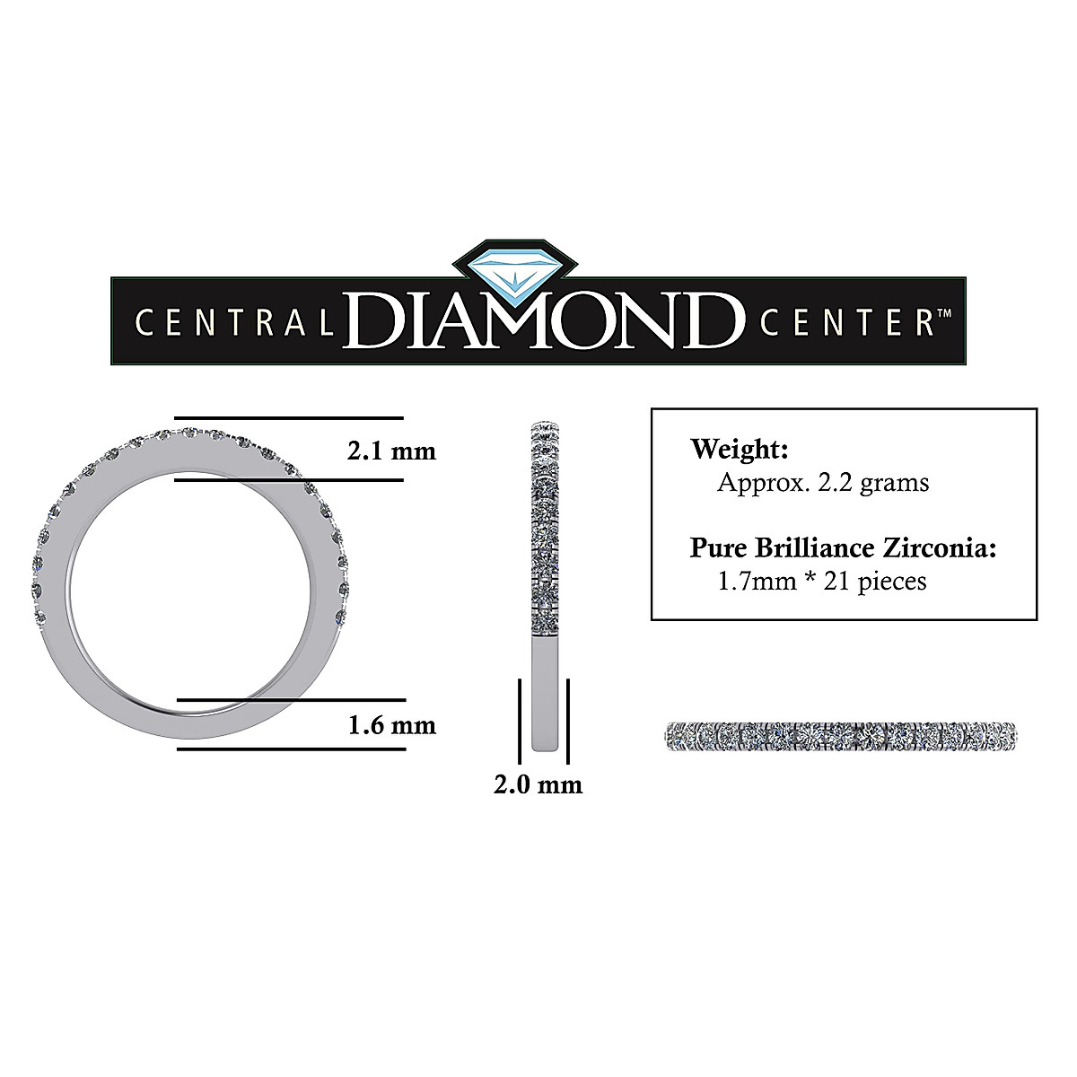 Central Diamond Center VOUS Matching Wedding Band in Solid Sterling Silver & Pure Brilliance Zirconia - Size 6