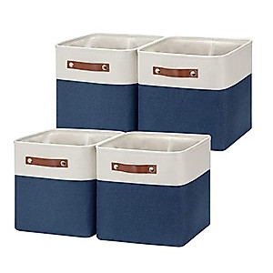 HNZIGE Fabric Cube Storage Bins Basket for Shelves Set of 4, Fabric Storage Cubes Baskets Closet Storage Bins for Cube with Handles, Cubby Storage Bins for Organizing Home Office (White Blue)