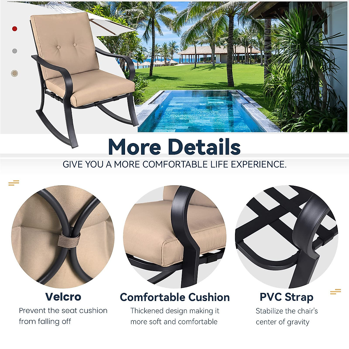 Incbruce 3 Piece Patio Bistro Set Outdoor Rocking Chairs Set, Porch Patio Conversation Chairs Set of 2 with Glass-Top Coffee Table (Brown Thickened Cushion)