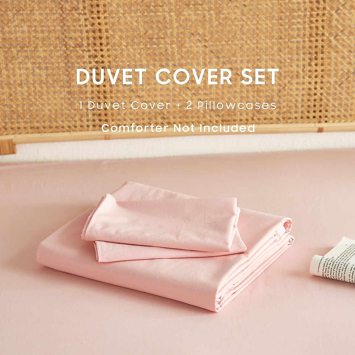 Wake In Cloud - Cotton Duvet Cover Set, Full Size, Light Blush Pink, 100% Washed Cotton, Linen Like Textured, Breathable Percale Durable Comfy Farmhouse Neutral Bedding Set, 3 Pieces