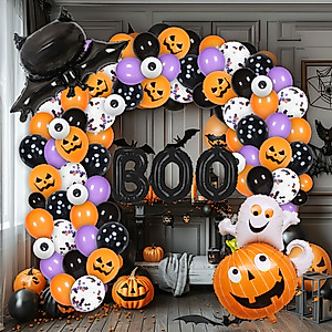 151 PCS Halloween Balloon Arch Kit,Black Orange Purple Halloween Balloon Garland with Boo Letter Ghost Pumpkin 3D Bats Skulls Halloween Foil Balloons,Halloween Party Decorations Kit