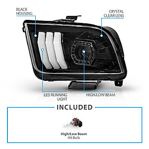 AmeriLite for 2005-2009 Ford Mustang LED Tube Square Projector Black Headlights Headlamps Assembly Pair - Driver and Passenger Side