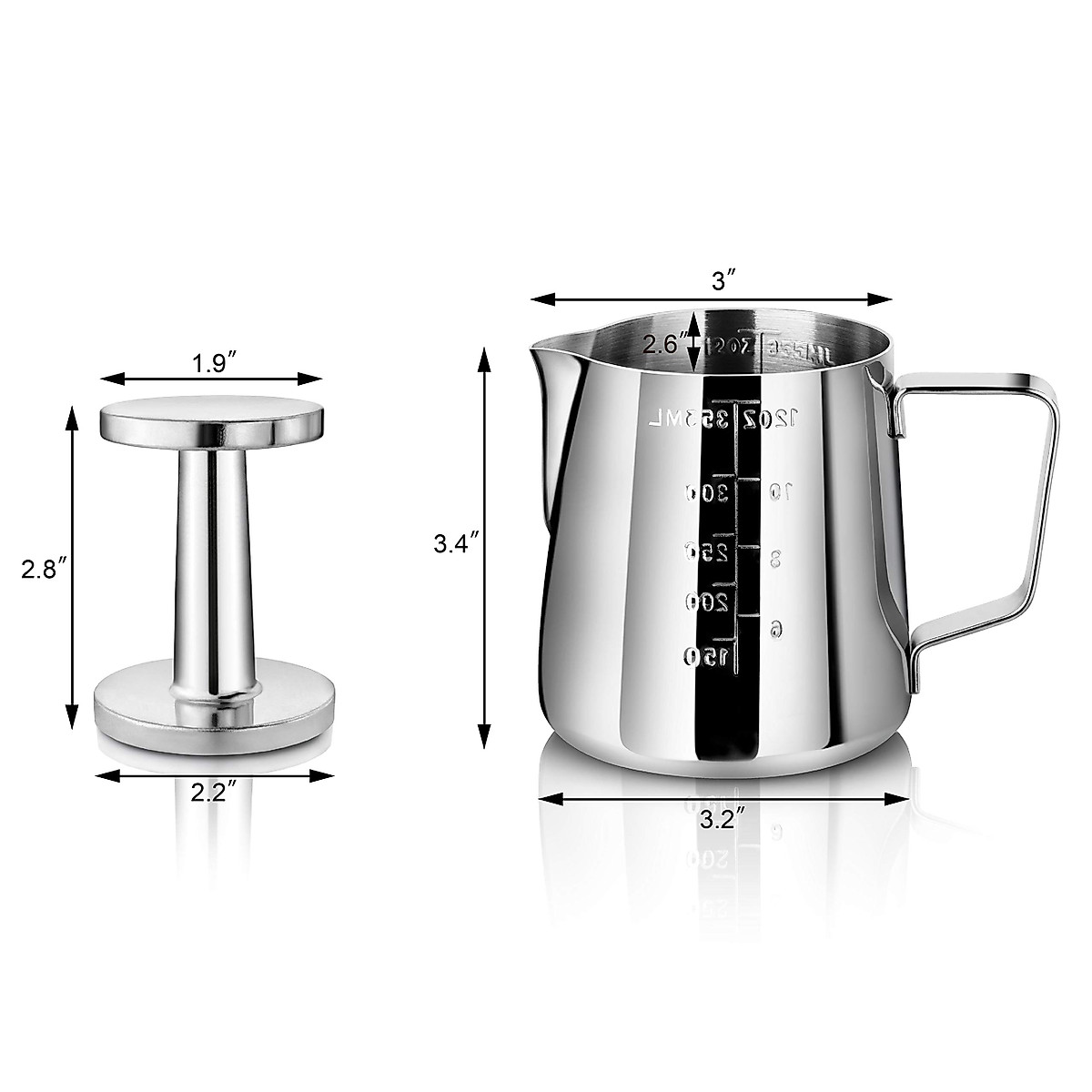 New Star Foodservice 28829 Commercial Grade Stainless Steel 18/8 12 oz Frothing Pitcher and Die Cast Aluminum Tamper Combo Set, Silver