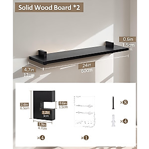 Gronda Black Floating Shelves for Wall 24 Inch Wood Floating Shelves Wall Mounted Wooden Shelf Set of 2, Modern Wall Decor Organizer for Bedroom, Kitchen, Office, Living Room