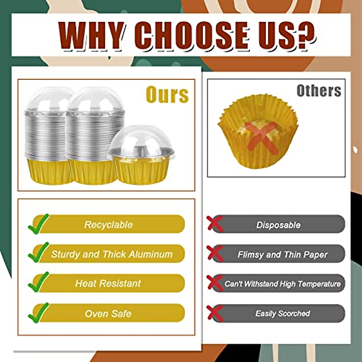 Cupcake Liners, 50PC Aluminum Foil Cupcake Tins with Lids 5oz Disposable Ramekins Mini Muffin Creme Brulee Cupcake Containers Dessert Cups for Wedding Party Gold
