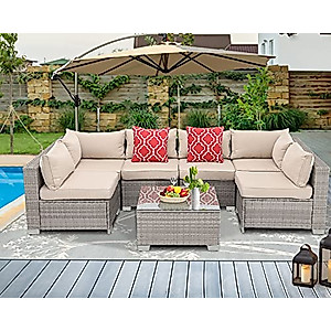BPTD 7 Piece Patio Furniture Sets Outdoor Sectional Sofa Rattan Patio Conversation Set PE Rattan Wicker Outside Couch with Table and Cushions for Porch Lawn Garden Backyard (Sandy Brown)