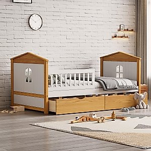 Harper & Bright Designs Twin Size House Shape Bed with Two Drawers Wooden Bed Frame for Boys Girls Kids Adults Toddler Teens, No Box Spring Needed, Walnut and White
