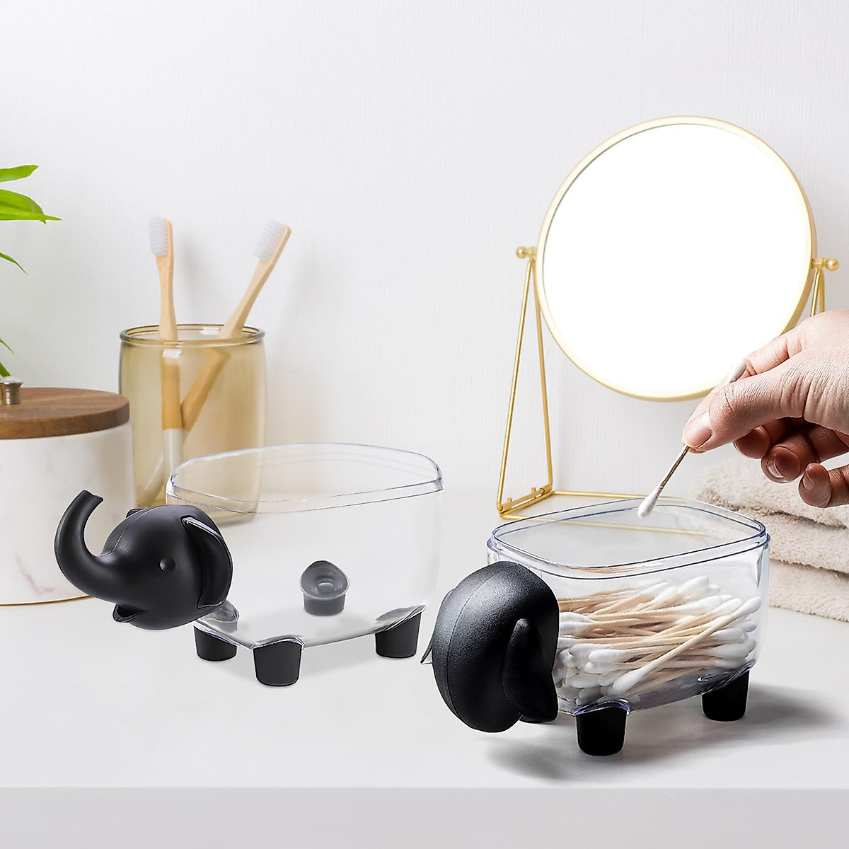 Roucerlin 2 Pack Clear Elephant Shape Cotton Swab Holder, Cute Cotton Pad Ball Dispenser, Plastic Storage Container Bathroom Canisters with Lids for Floss Toothpick Vanity Organizer (Elephant)