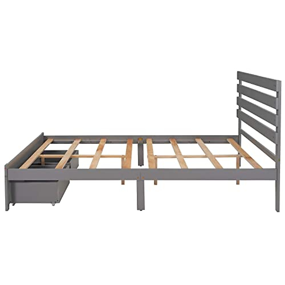 Queen Size Wood Platform Bed Frame with 2 Storage Drawers, Modern Classic Platform Bed with Headboard, Wood Slats Support, No Box Springs Needed for Bedroom Girls Boys (Grey)