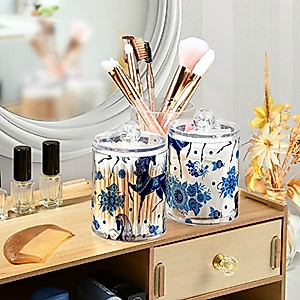 WELLDAY Apothecary Jars Bathroom Storage Organizer with Lid - 14 oz Qtip Holder Storage Canister, Blue Horse Floral Clear Plastic Jar for Cotton Swab, Cotton Ball, Floss Picks, Makeup Sponges,Hair Cli