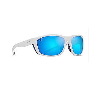 Maui Jim Men's and Women's Nuu Landing Polarized Wrap Sunglasses, White w/Navy Rubber/Blue Hawaii, Medium