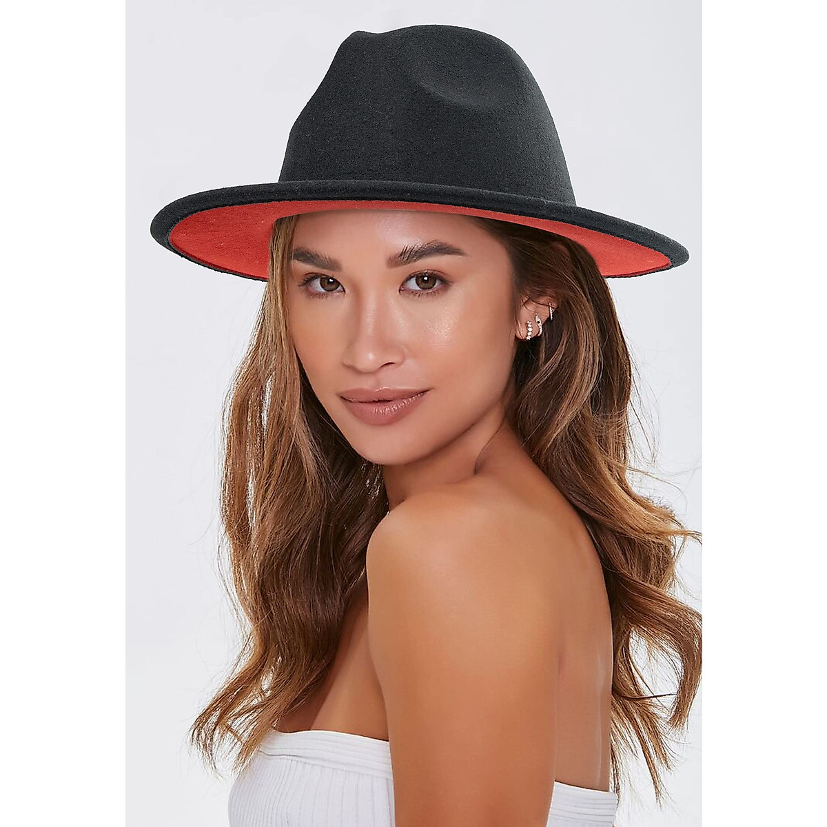 Red Bottom Fedora Hats for Men Women - Classic Black Red Panama Hat Wide Brim Two Tone Jazz Gentleman Hat