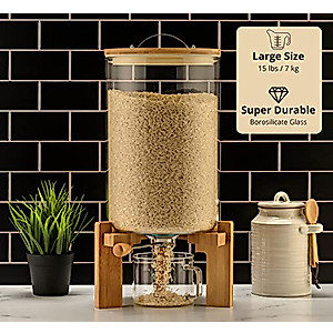 15 lbs/8 Liter Rice Dispenser, an Elegant Glass Rice Dispenser, Rice Container, Grain Dispenser, Rice Storage, Rice Holder, Rice Bin, Rice Dispenser with Bamboo Wood Stand