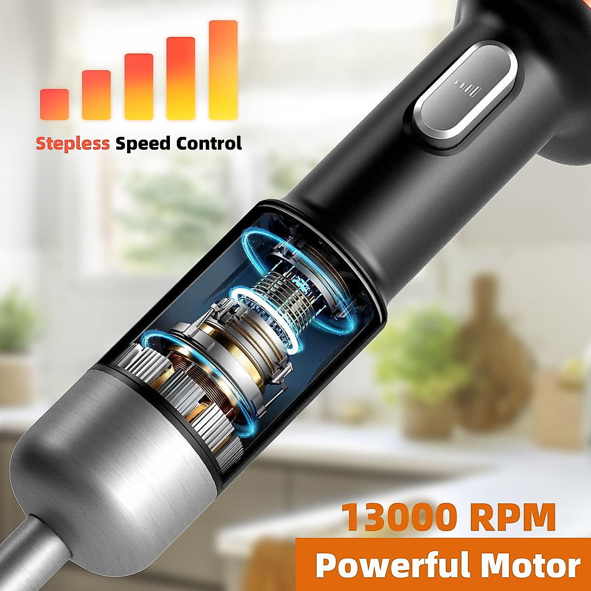 Commercial Immersion Blender, 5 in 1 Cordless Hand Blender Heavy Duty Motor, 4000-13000RPM lmmersion Blender Variable Speed Hand Blender With Mixing Beaker, Chopper, Whisk and Milk Frother