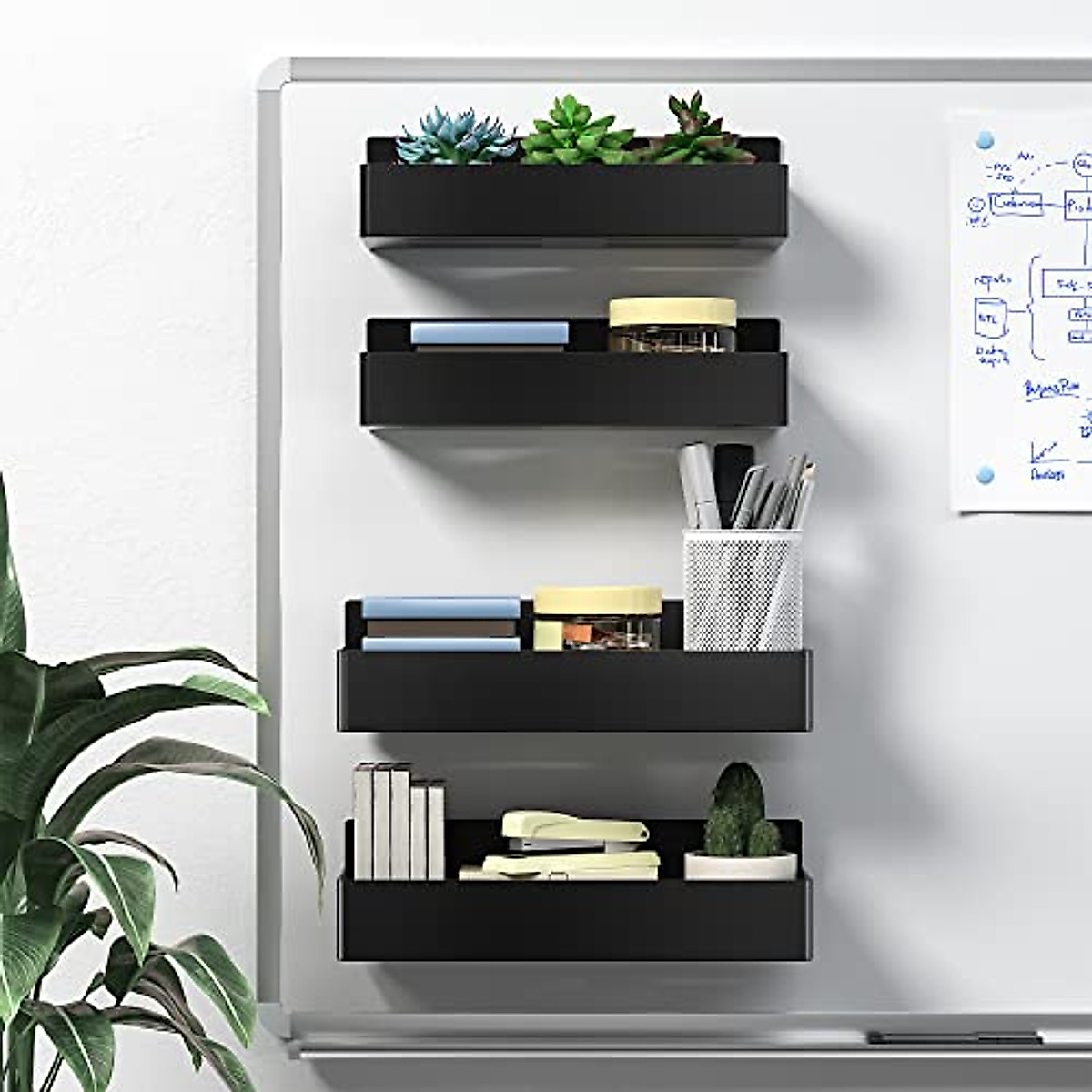 Mystozer 4-Pack Magnetic Spice Rack Organizer for Refrigerator, Plastic Fridge Shelf, Black