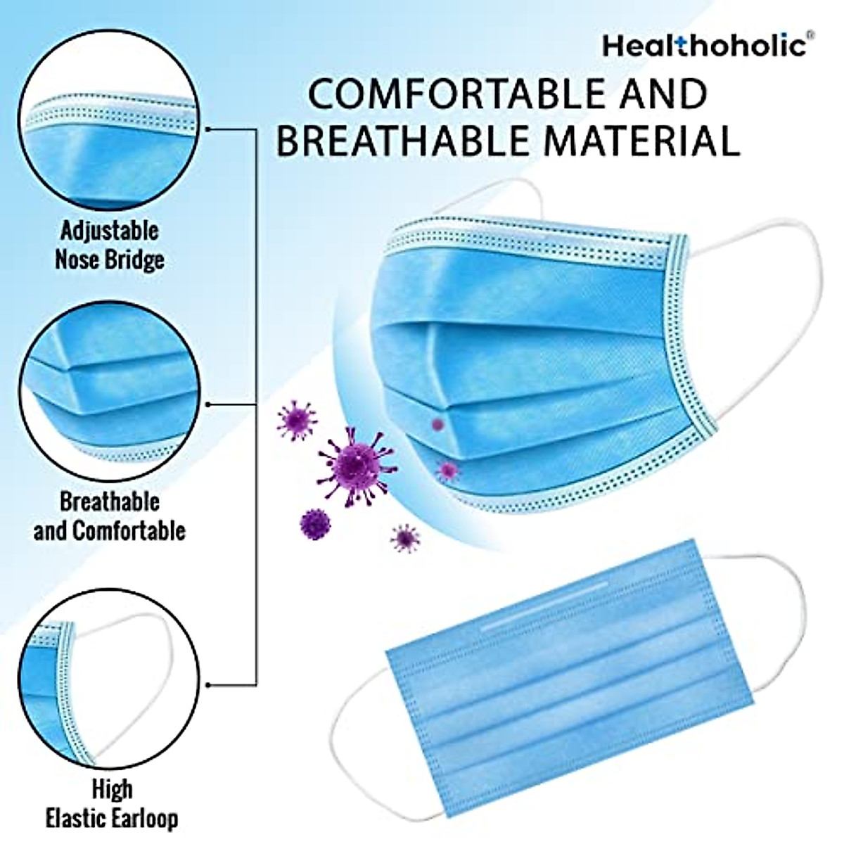 Healthoholic Blue Disposable Face Masks [Bulk Pack of 2000 Pcs, 40 Boxes of 50pcs/Box] Non-Woven, Breathable, Disposable 3-ply Protective Earloop Face Masks