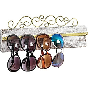 MyGift Vintage Whitewashed Wood Wall Mounted Sunglasses Rack, Entryway Glasses Holder Eyewear Display with Rail Hanger and Scrollwork Brass Tone Metal Design
