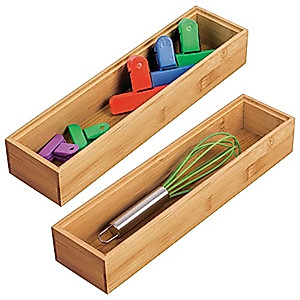 mDesign Slim Wooden Bamboo Drawer Organizer - 12" Long Stackable Storage Box Tray for Kitchen Drawers/Cabinet - Utensil, Silverware, Spatula, Flatware Holder - Echo Collection, 2 Pack, Natural Wood