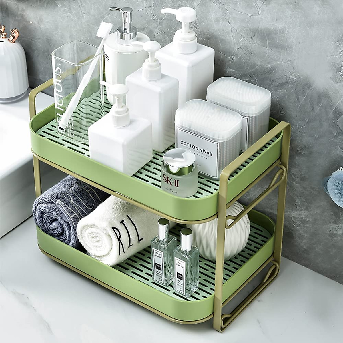 Lille Home Two-Tier Multi-Functional Storage Organizer with Removable Drain Tray, Cup/Mug Holder Shelf, BPA Free (Green)