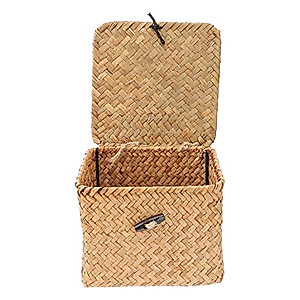IMIKEYA Seaweed Baskets with Lids: Woven Baskets Seagrass Storage Woven Basket Straw Rattan Storage Basket Hand-Woven Storage Basket Bin Container Organizer for Shelf Desktop 4 inch