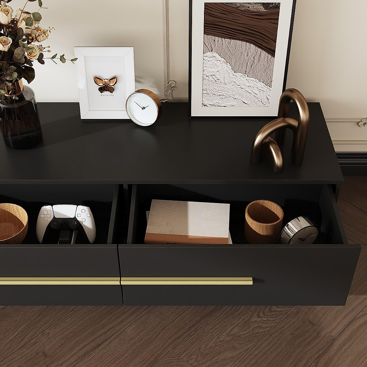 FAMAPY Modern TV Console Extendable Media Console, Adjustable Length, Contemporary Entertainment Center with Drawers and Legs, for Living Room Black and Gold (95”-133.9”W x 15.2”D x 13.1”H)