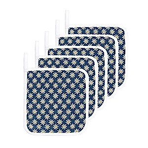 Floral Potholders Set Kitchen Heat Resistant Cotton Coasters Hot Pads Pot Holders Set of 5 for Everyday Cooking and Baking 8 x 8 Inch - Graphic Daisy Blossoms on Blue Background