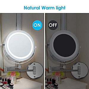 ALVOROG Wall Mounted Makeup Mirror LED Lighted Double Sided 5X Magnification 360° Swivel Extendable Cosmetic Vanity Mirror for Bathroom Hotels, Powered by Batteries (Not Included)-7 inches