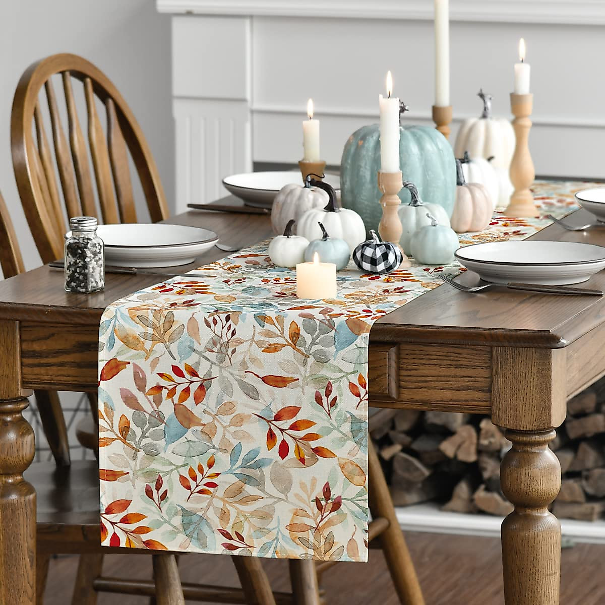 Artoid Mode Beige Eucalyptus Leaves Fall Table Runner, Seasonal Autumn Kitchen Dining Table Decoration for Outdoor Home Party 13x72 Inch
