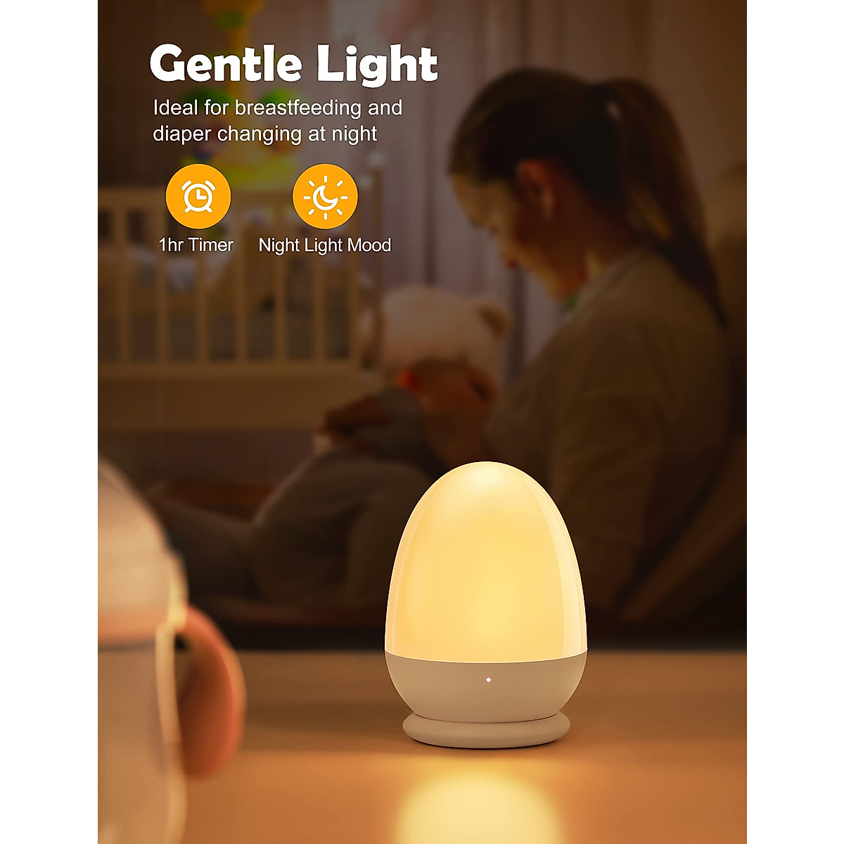 JolyWell Baby Night Light for Kid, Portable Egg Nightlight with Stable Charging Pad, Touch Nursery Night Lamp for Breastfeeding, Toddler Night Light for Bedroom, Timer Setting, ABS+PC, White-2