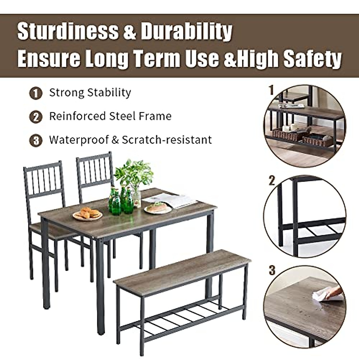 Dining Table Set for 4,Kitchen Table with 2 Chairs & 1 Bench,Wood Breakfast Table Set with Storage Racks for Small Space,Apartment,Dining Room, Home Office