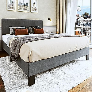 Fluest Queen Bed Frame Upholstered Bed Frame Platform with Adjustable Headboard Linen Fabric Headboard Wooden Slats Support/No Box Spring Needed/Easy Assembly/Mattress Foundation, Grey