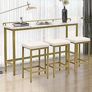 P PURLOVE 4 Piece Counter Height Dining Table Set Long Console Dining Table Set Bar Kitchen Set with 3 PU Stools for Living Room Kitchen Room