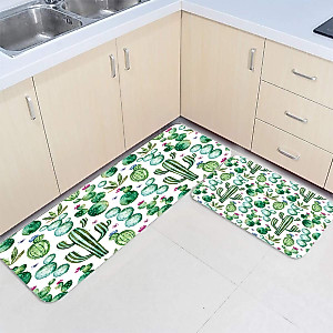 Succulent Cactus Anti Fatigue Kitchen Rug Set 2 Cushioned Kitchen Floor Mats Set Waterproof Heavy Duty Standing Mats Non Slip Nature Watercolor Botanical Desert Plant Flowers 19.7x31.5in+19.7x47.2in