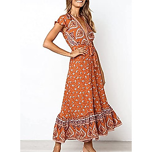 ZESICA Women's 2025 Bohemian Floral Printed Wrap V Neck Short Sleeve Split Beach Party Maxi Dress,Tangerine,Large