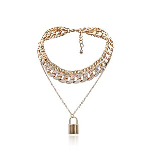 COLORFUL BLING Shiny Hip Hop Rhinestone Cuban Link Chain Lock Pendant Necklace With Bracelet Set Punk Cubic Zircon Layered Choker Necklace for Women Unisex Jewelry-A gold