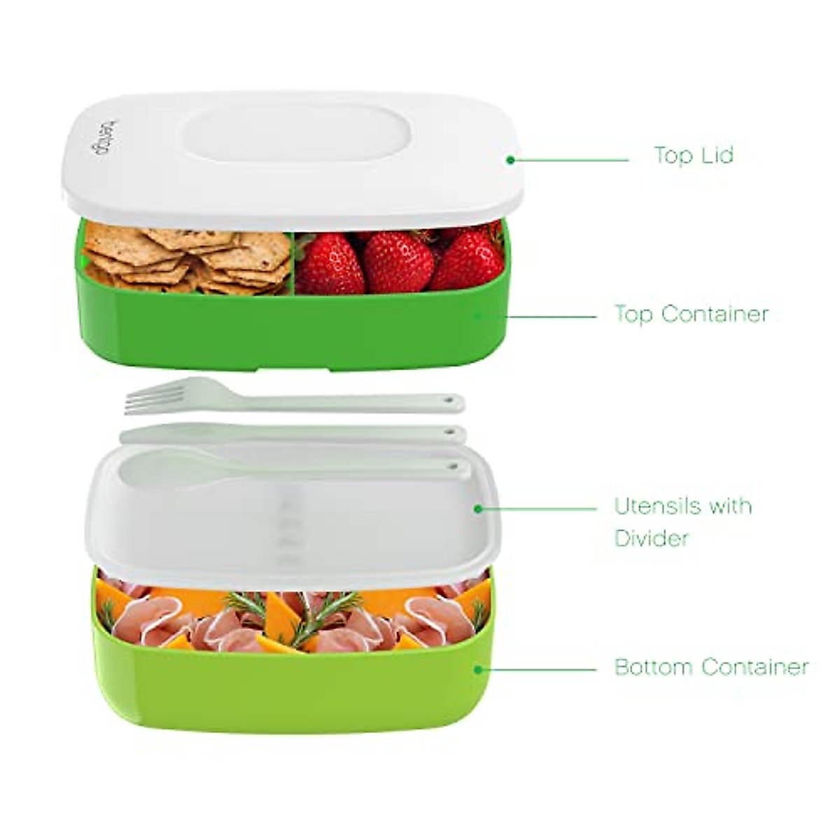 Bentgo Classic (Green) - All-in-One Stackable Lunch Box Solution - Sleek and Modern Bento Box Design Includes 2 Stackable Containers, Built-in Plastic Silverware, and Sealing Strap