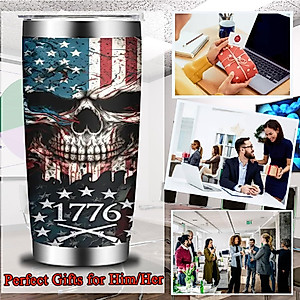 FOCIUZTA 20oz Stainless Steel Tumbler with Lid & Straw, Patriotic Skull Graphic, Vacuum Insulated Travel Mug, Double-Walled Beverage Cup for Coffee, Ice Drinks, Juice, Thermal Cup Gift for Family