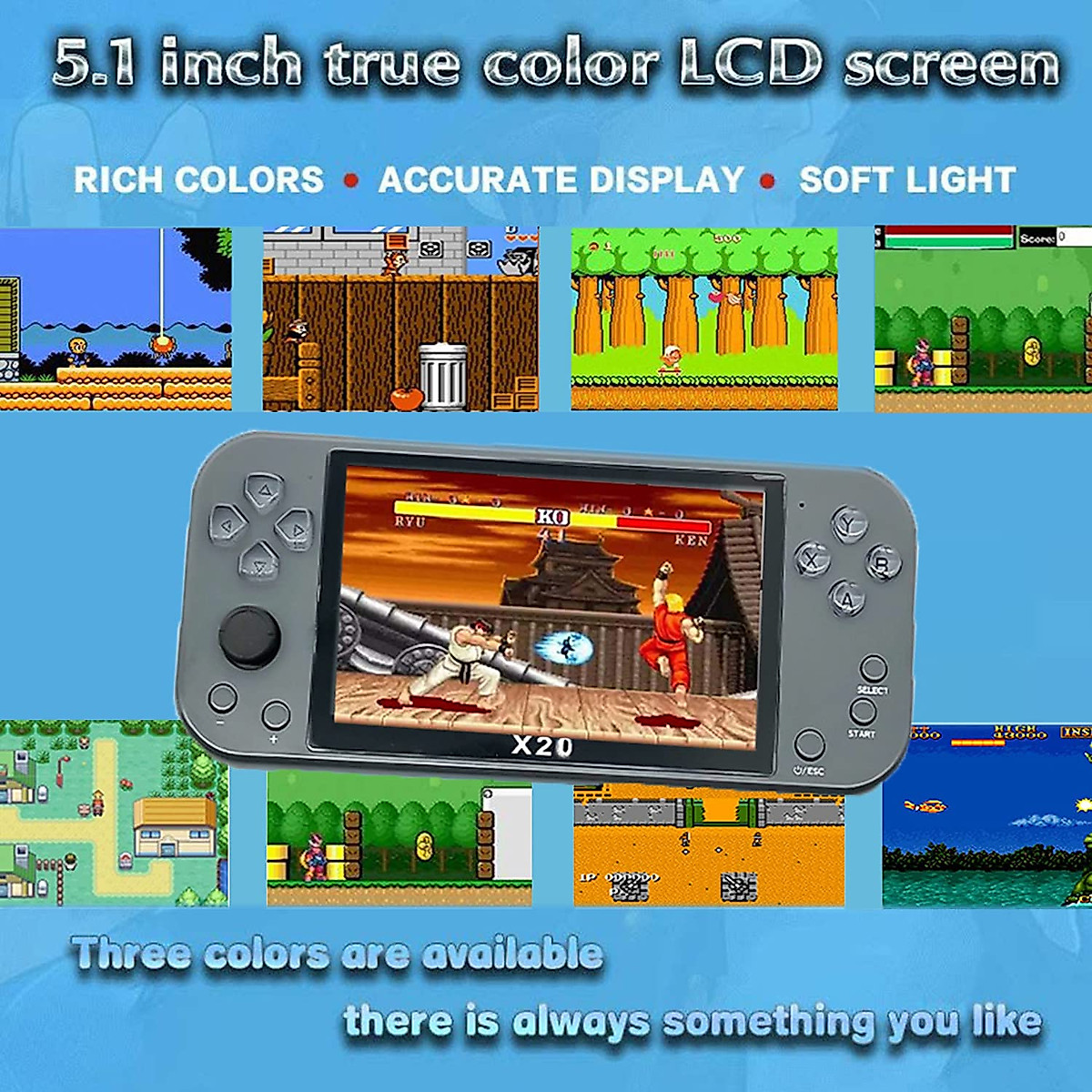 Joseky X20 Handheld Game Console - Support External Handles and Built-in 1000+ Classic Games, Two-Player Mode TV HD Output 5.1-inch Large-Screen Multi-Function Game Console (Black)