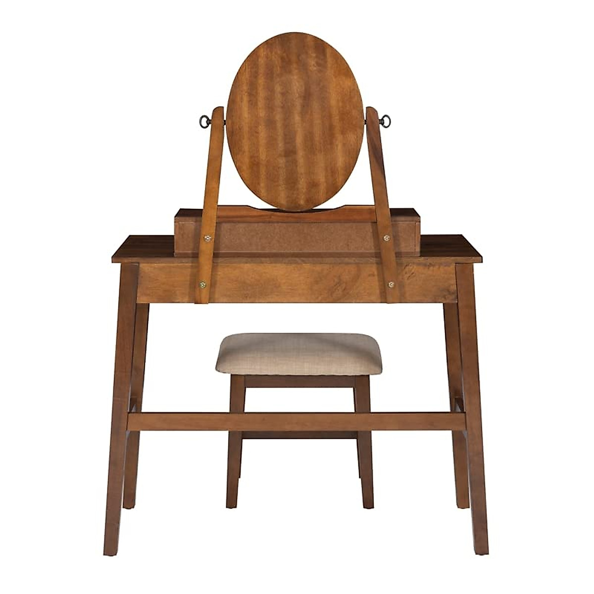 Linon Iris Wood Vanity & Padded Stool Set Oval Mirror 5 Drawers in Walnut Brown
