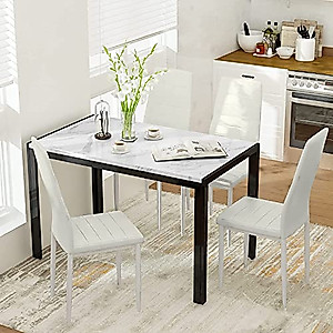 Lamerge Faux Marble Dining Table Set for 4,5 Piece Dining Room Table Set,Rectangular Table and 4 PU Leather Chairs for Living Room,Dining Room,Breakfast Nook,White&Beige, (LMDS-Wbe)