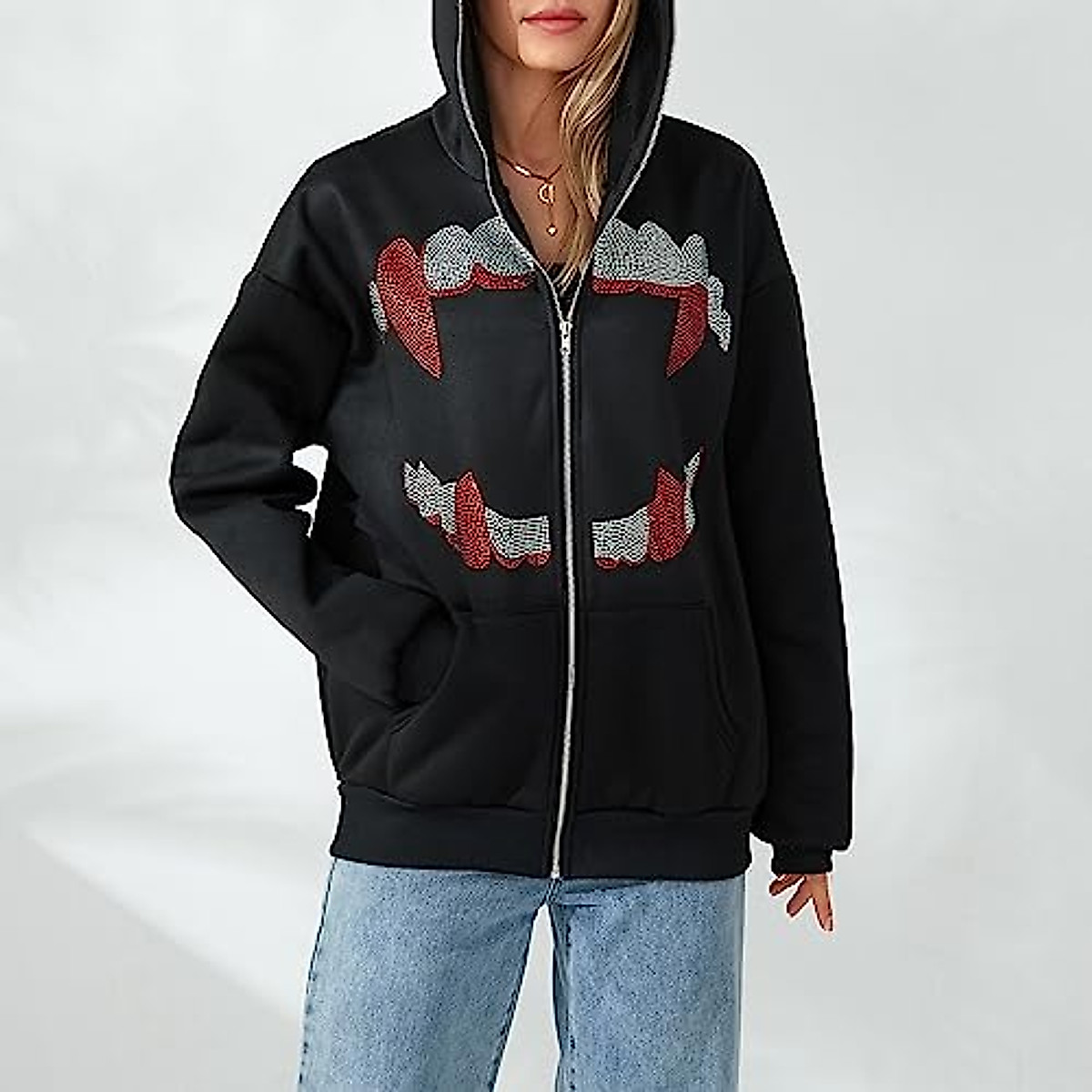 Amiblvowa Y2k Women Zip Up Hoodies Rhinestone Graphic Sweatshirts Skeleton Spider Aesthetic Oversized Jacket Goth Clothing (Primary Black Red Skull, M)
