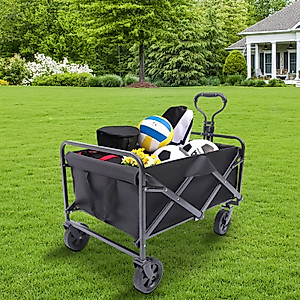 Collapsible Folding Wagon Cart - Heavy Duty Utility with 5 Inch All Terrain Wheels, Adjustable Handle, and 2 Cup Holders - Ideal for Beach, Garden, Shopping, and Camping - Black